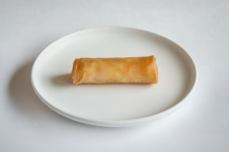 A Minimalist Photo of a Single Spring Roll Resting on a White Ceramic ...