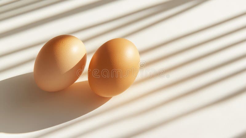 Minimalist Composition Featuring Pair of Brown Eggs Casting Striped Shadows Against Pristine ...