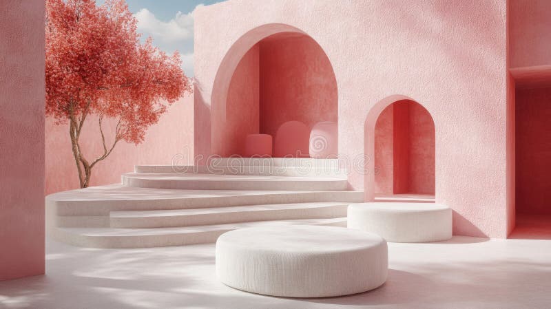 Minimalist Pink Architecture with Curved Steps and Tree Stock ...