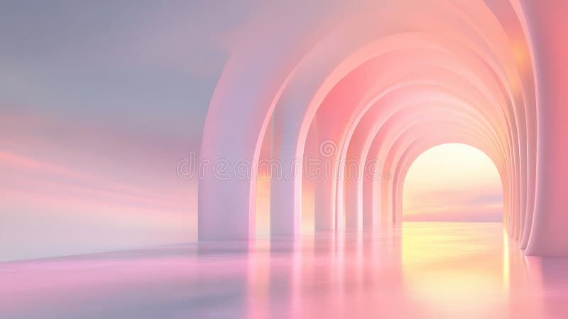 Minimalist Pink Hallway with Repeating Arch Openings, Sunlight ...