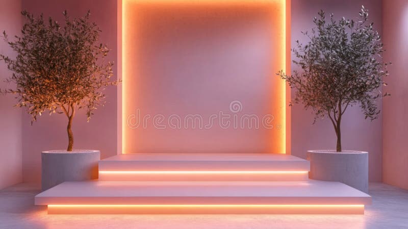 Minimalist Pink and Orange Neon Lit Stage with Olive Trees Stock ...