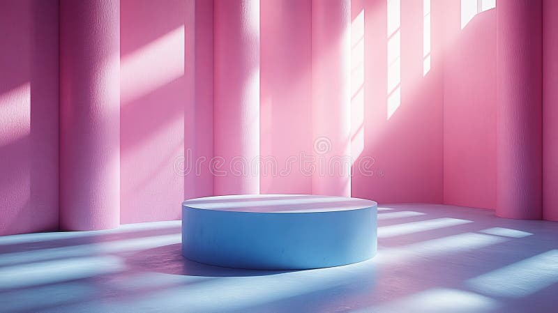 Minimalist Pink Room with Circular Platform, Soft Lighting Casting ...