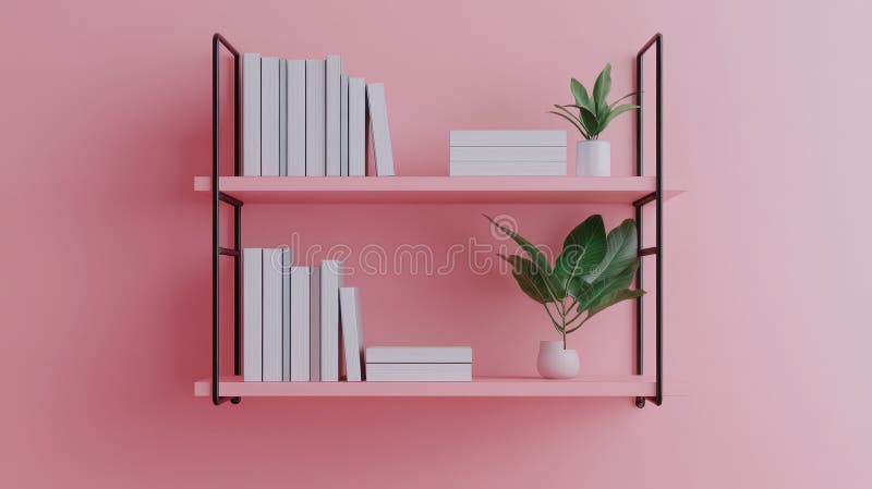 A Minimalist Pink Shelf Displaying Books and Plants, Creating a Stylish ...