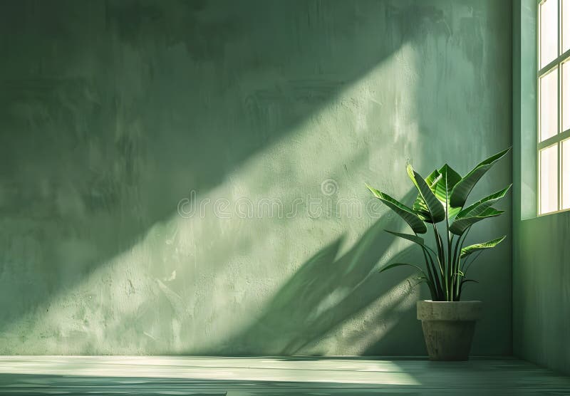 Minimalist Green Room with Sunlight and Plant Shadow Stock Illustration ...