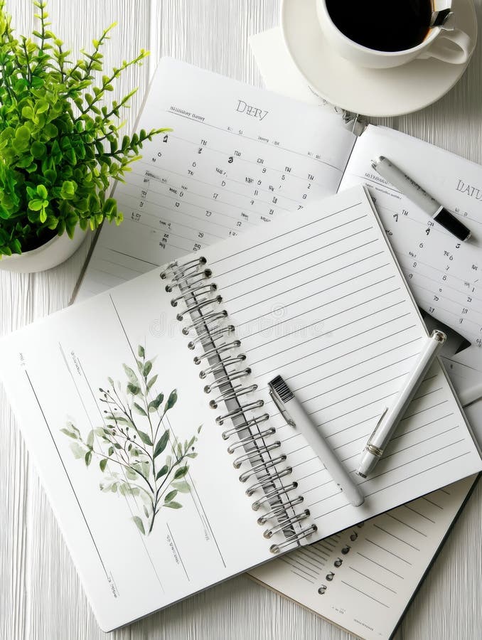 Minimalist Planner and Calendar Setup on a Clean Workspace with Coffee ...