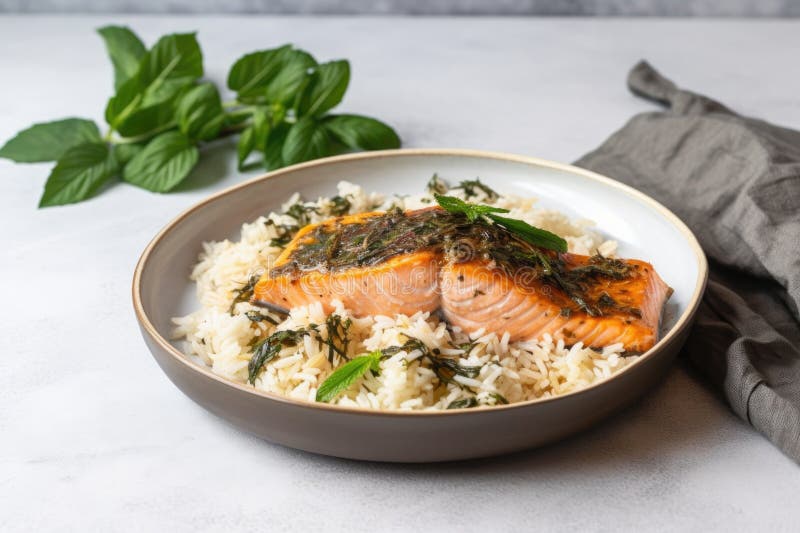 Minimalist Plate of Baked Salmon, Rice, and Herbs Stock Illustration ...