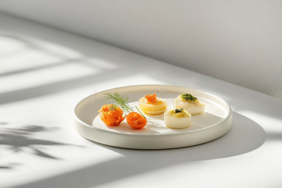 A Minimalist Plate Featuring Delicate Appetizers Garnished with Herbs ...