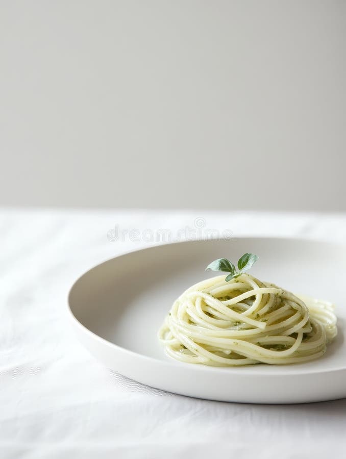 A Minimalist Plate of Spaghetti Garnished with a Small Green Herb Stock ...