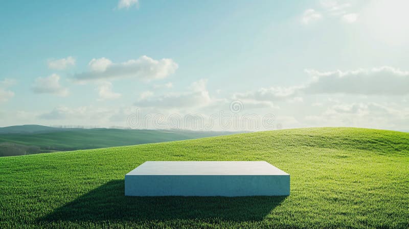 Minimalist Platform on a Green Hillside Under a Bright Blue Sky ...