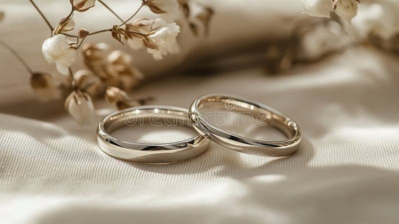 Minimalist Platinum Wedding Rings on Soft Beige Background: Elegant and ...