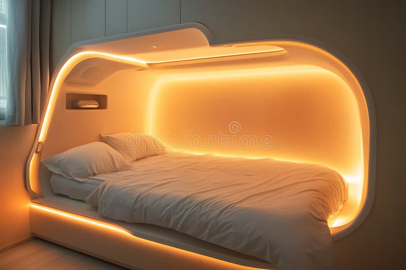 A Minimalist, Pod-like Bedframe with Embedded Lighting Creates a Cozy ...
