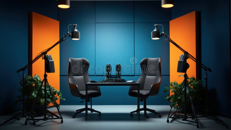Podcast Room Interior with Two Empty Chairs and Spotlights. Generative ...