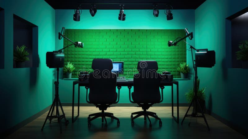 Podcast Room Interior with Two Empty Chairs and Spotlights. Generative ...