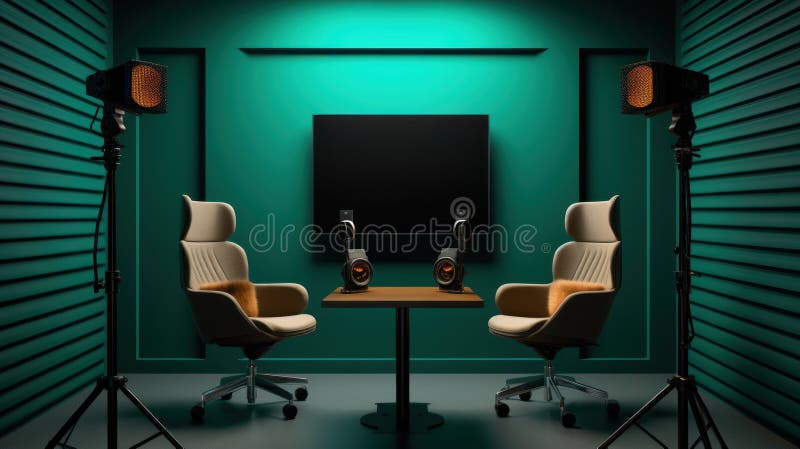 Podcast Room Interior with Two Empty Chairs and Spotlights. Generative ...