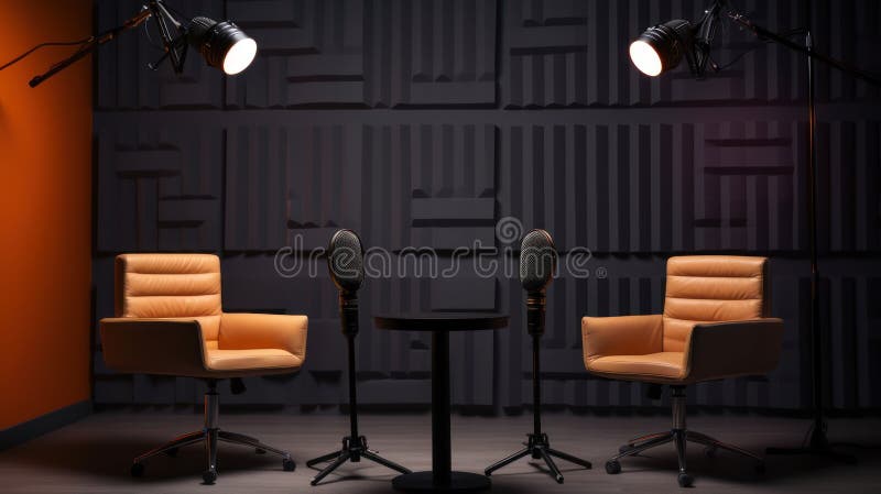Podcast Room Interior with Two Empty Chairs and Spotlights. Generative ...