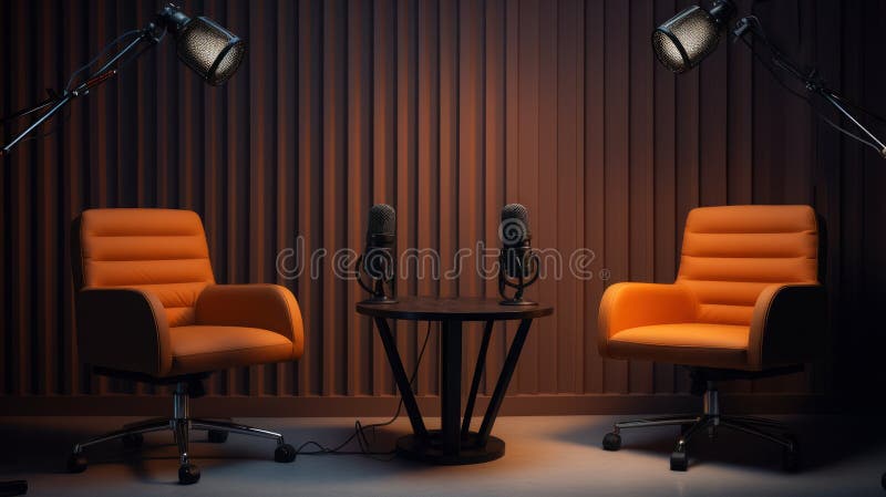 Podcast Room Interior with Two Empty Chairs and Spotlights. Generative ...