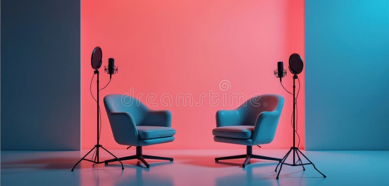 Minimalist Podcast Studio Setup. Two Chairs with Microphones, Red, Blue ...