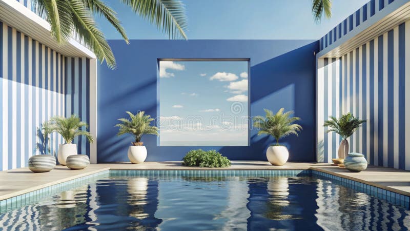 Minimalist Pool with Blue and White Striped Walls and a View of the ...