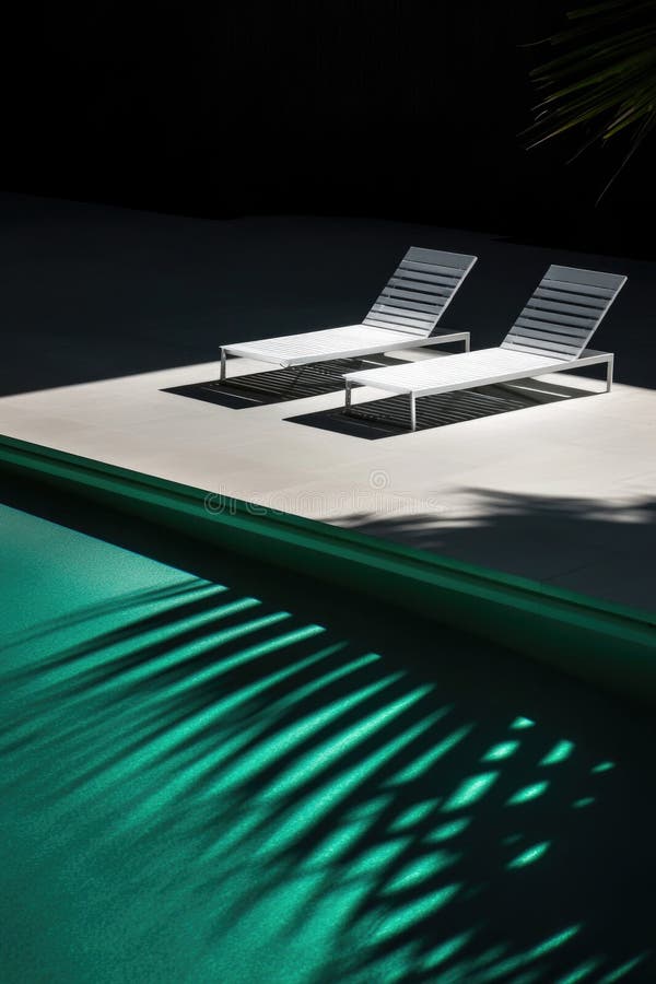 Minimalist Poolside with Sun Loungers and Palm Shadows in Modern Design ...