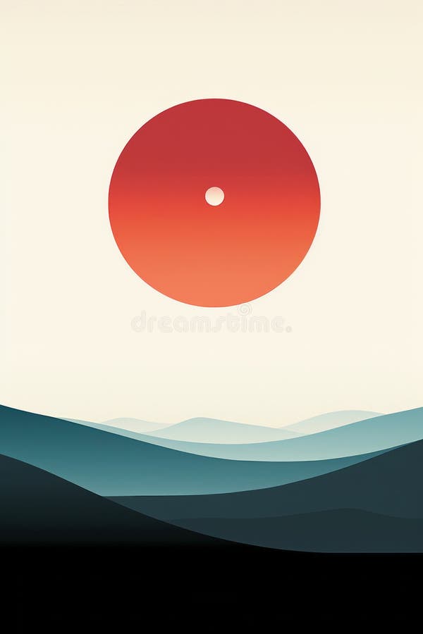 A Minimalist Poster with a Red Sun in the Sky Stock Illustration ...