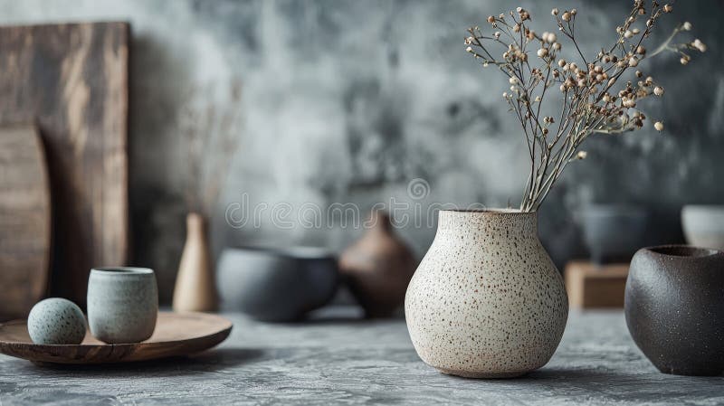 Minimalist Pottery with Neutral Tones on a Rustic Table Stock Photo ...