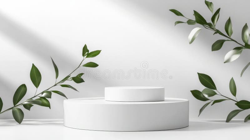 Minimalist Product Display with Green Leaves and White Platform Stock ...