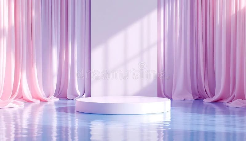 Serene Minimalist Studio with Pastel Pink Curtains and Reflective Floor ...