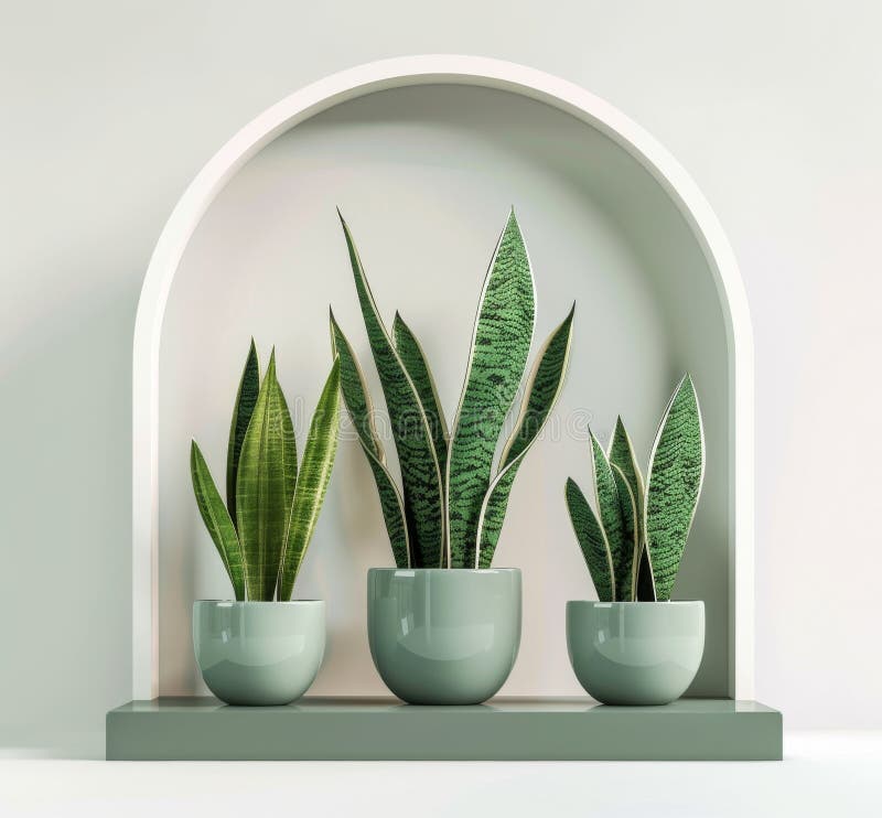 Minimalist Product Display with Three Potted Snake Plants on White ...