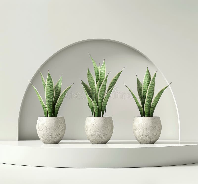 Minimalist Product Display with Three Potted Snake Plants on White ...