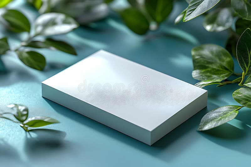 Minimalist Product Mockup Featuring a White Box and Greenery on Blue ...
