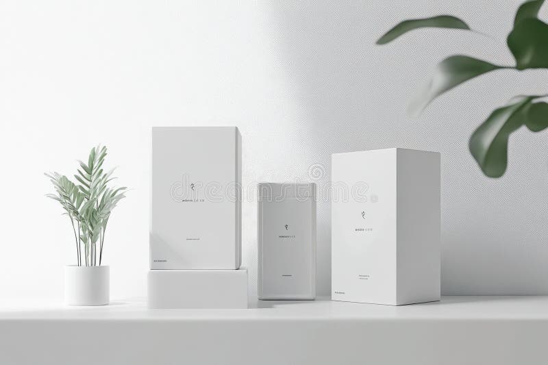 Minimalist Product Packaging Display with White Boxes and Greenery ...