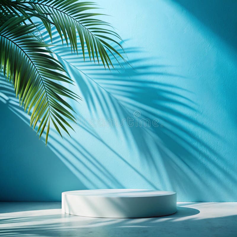 Minimalist Product Placement with Palm Shadow on Blue Wall Stock ...
