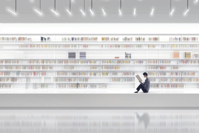 Minimalist Public Library with a Reader Browsing the Shelves ...