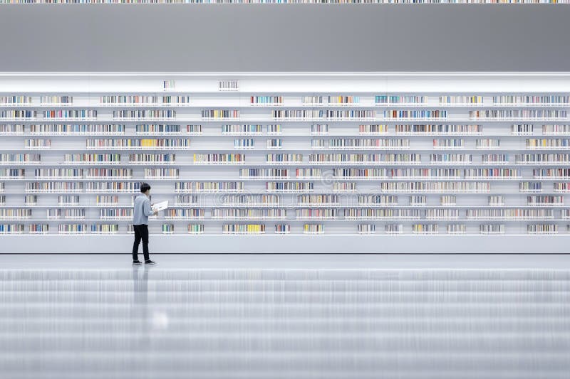 Minimalist Public Library with a Reader Browsing the Shelves ...