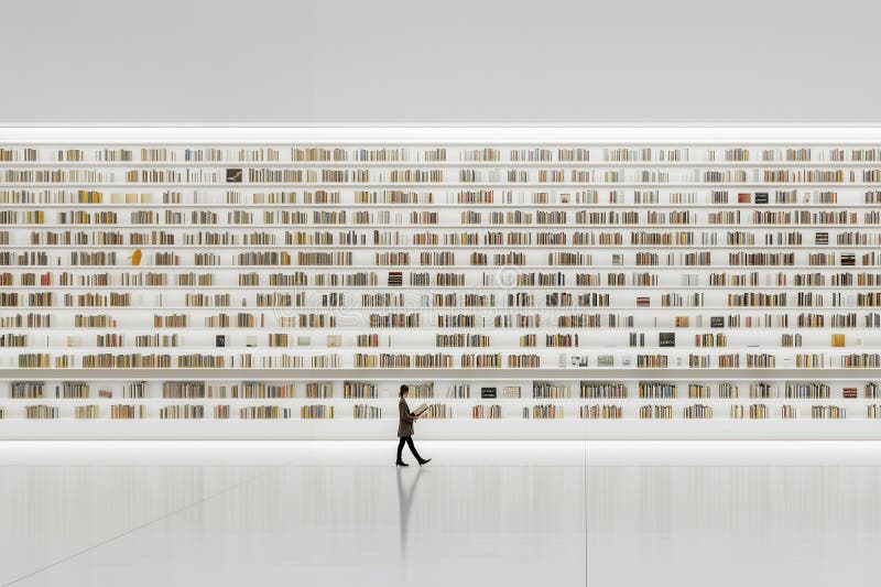 Minimalist Public Library with a Reader Browsing the Shelves ...