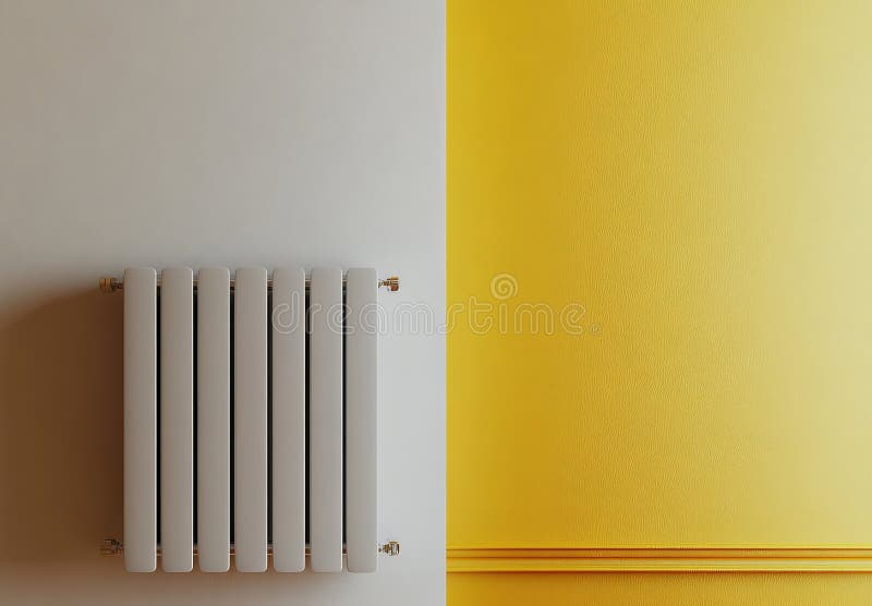 Minimalist Radiator Against Split White and Yellow Wall Design Stock ...