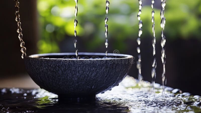 A Minimalist Rain Chain Cascading Water into a Smooth Stone Bowl Stock ...