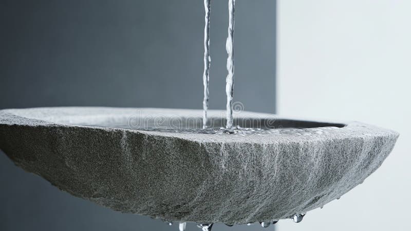 A Minimalist Rain Chain Cascading Water into a Smooth Stone Bowl Stock ...