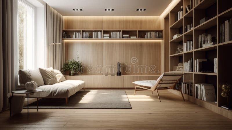 A Minimalist Reading Room with Minimalist Lighting and Neutral Tones ...