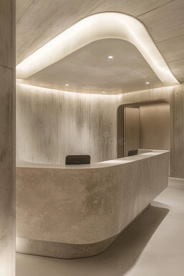 Minimalist Reception Area with Concrete Texture and Ambient Lighting ...