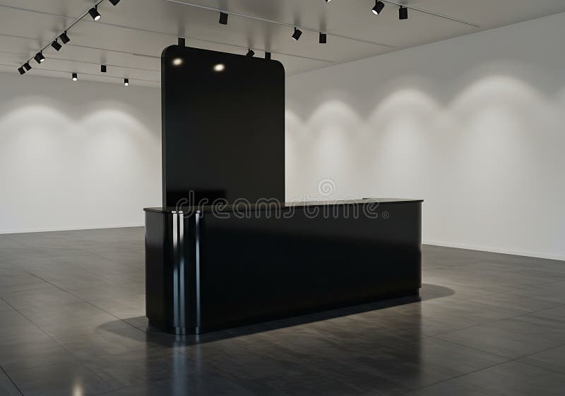 Minimalist Reception Area with Sleek Black Counter and Panel in a ...