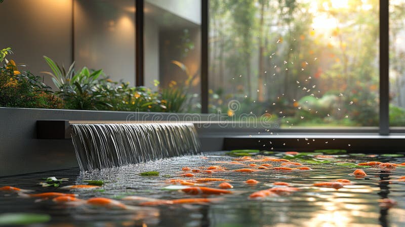 Minimalist Rectangular Koi Pond with Waterfall Stock Illustration ...