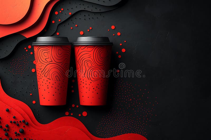Minimalist Red Coffee Cups on Black Background with Abstract Patterns ...