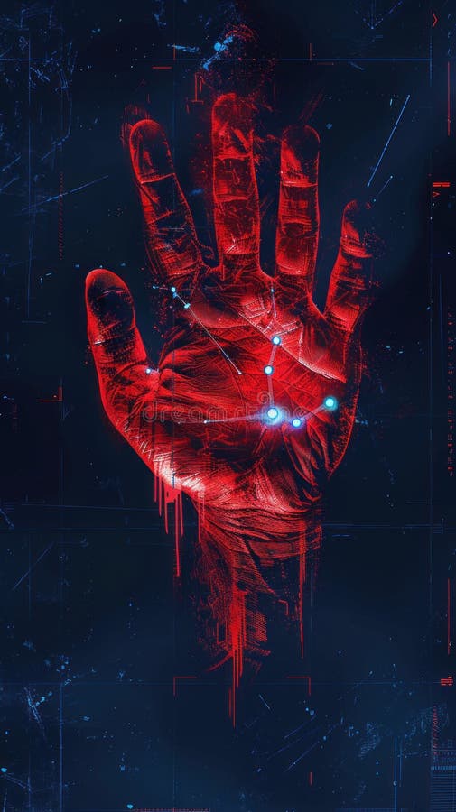 Minimalist Red Geometric Handprint Pressed on Screen with Blue Data ...