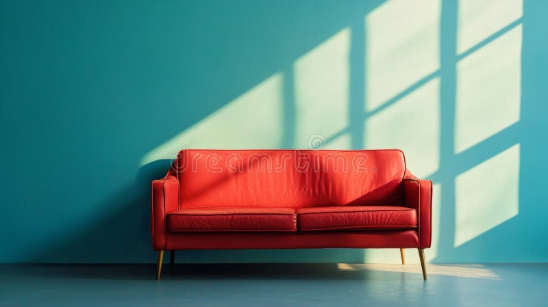 Minimalist Red Sofa Against Teal Wall with Shadows Stock Image - Image ...