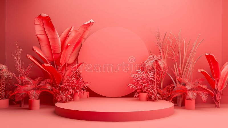 Minimalist Red Stage with Plants and Round Platform Stock Image - Image ...
