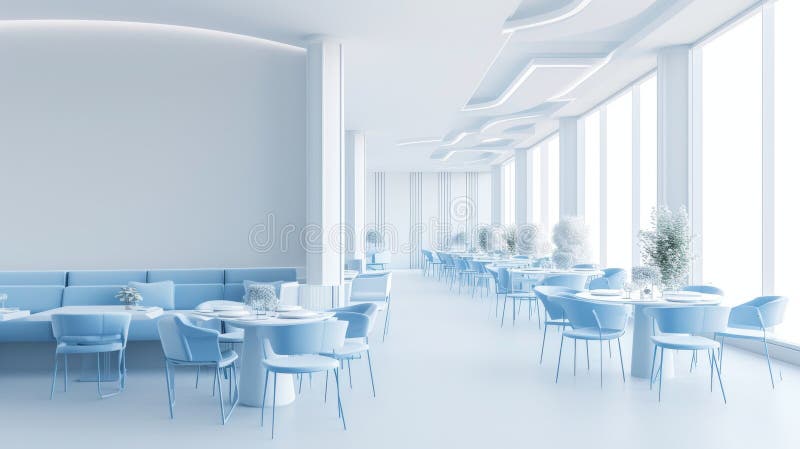 Minimalist Restaurant Interior with Airy Layout and Soft Blue Hues ...