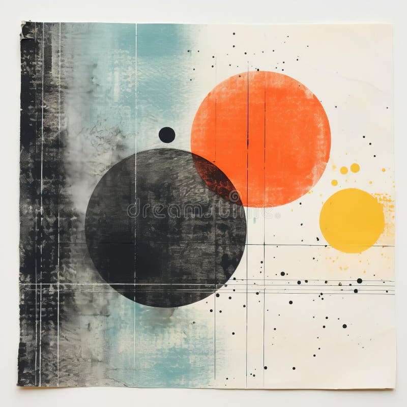 Minimalist Retro Art Monotype Print with Geometric Circle Pattern Stock ...