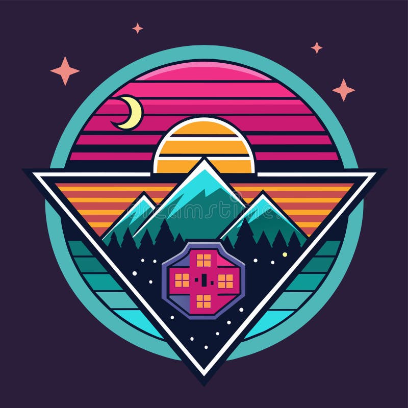 A Minimalist Retro Gaming Inspired Logo with a Sunset and Mountains ...
