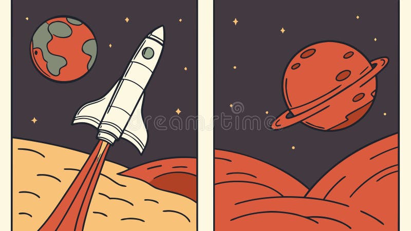 A Minimalist Retro Poster of a Rocket Ship Flying Past a Ringed Planet ...